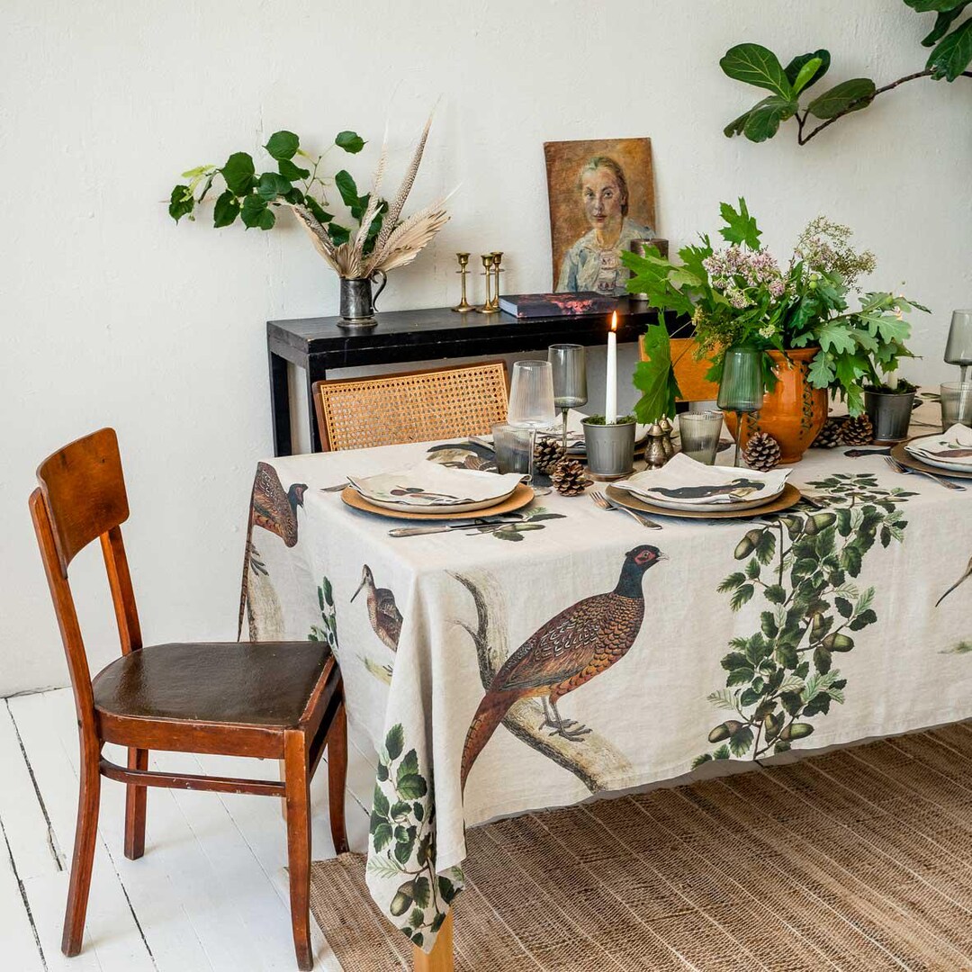 Natural Linen Tablecloth With Forest Birds Prints, Woodland Table Cloth ...