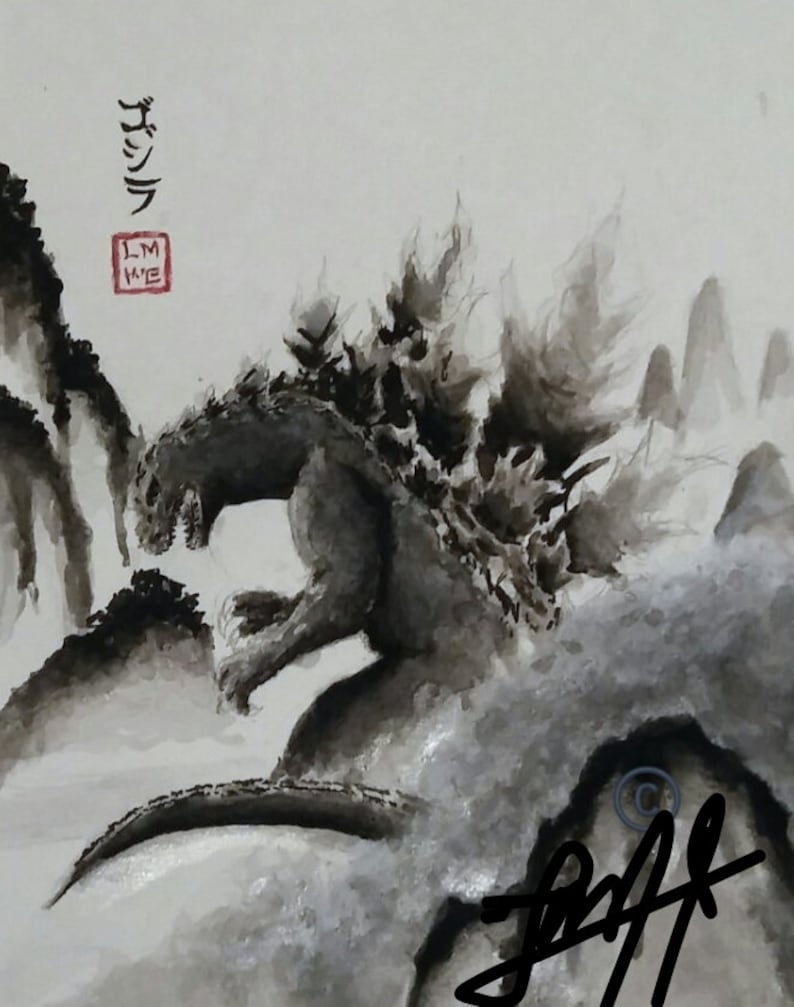 Godzilla Millennium pintura de tinta japonesa - Etsy España