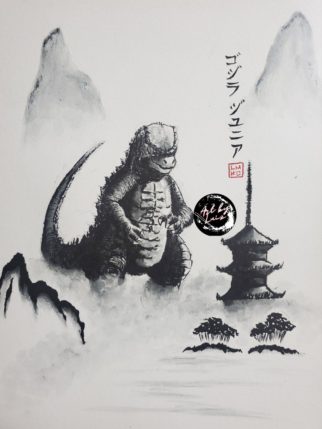 Original 9x12 Japanese Ink Painting of Godzilla Jr. - Etsy