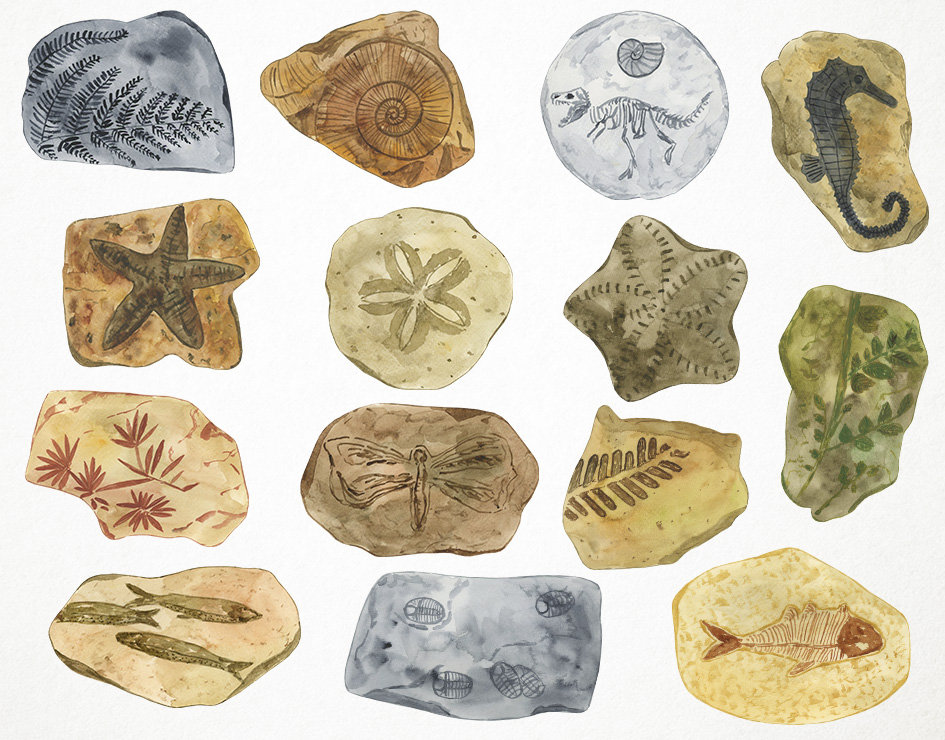 Fossil clipart fossil clip art dinosaur watercolor clipart | Etsy