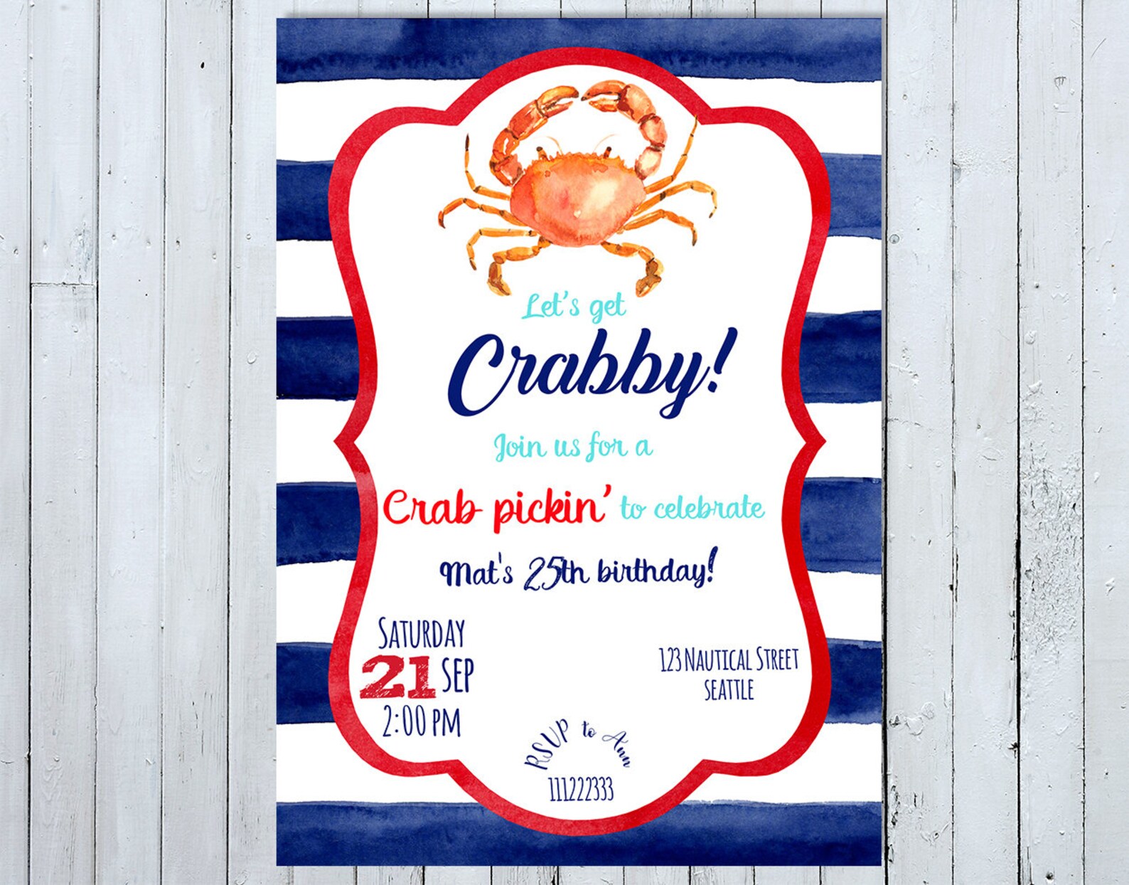 Crab Invitation Crab Birthday Invitation Crab Invite Crab | Etsy