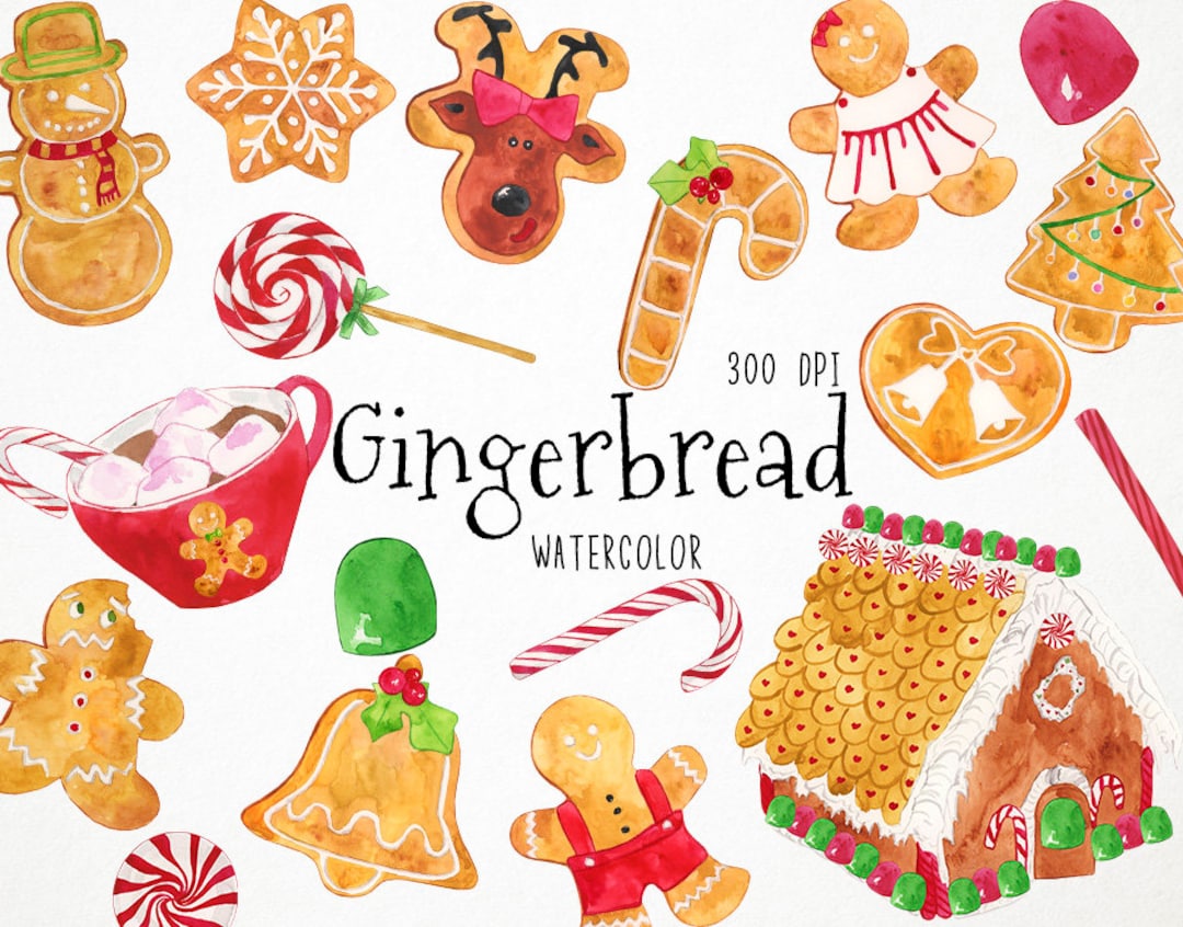 Gingerbread Clipart, Watercolor Christmas Clipart, Christmas Watercolor ...