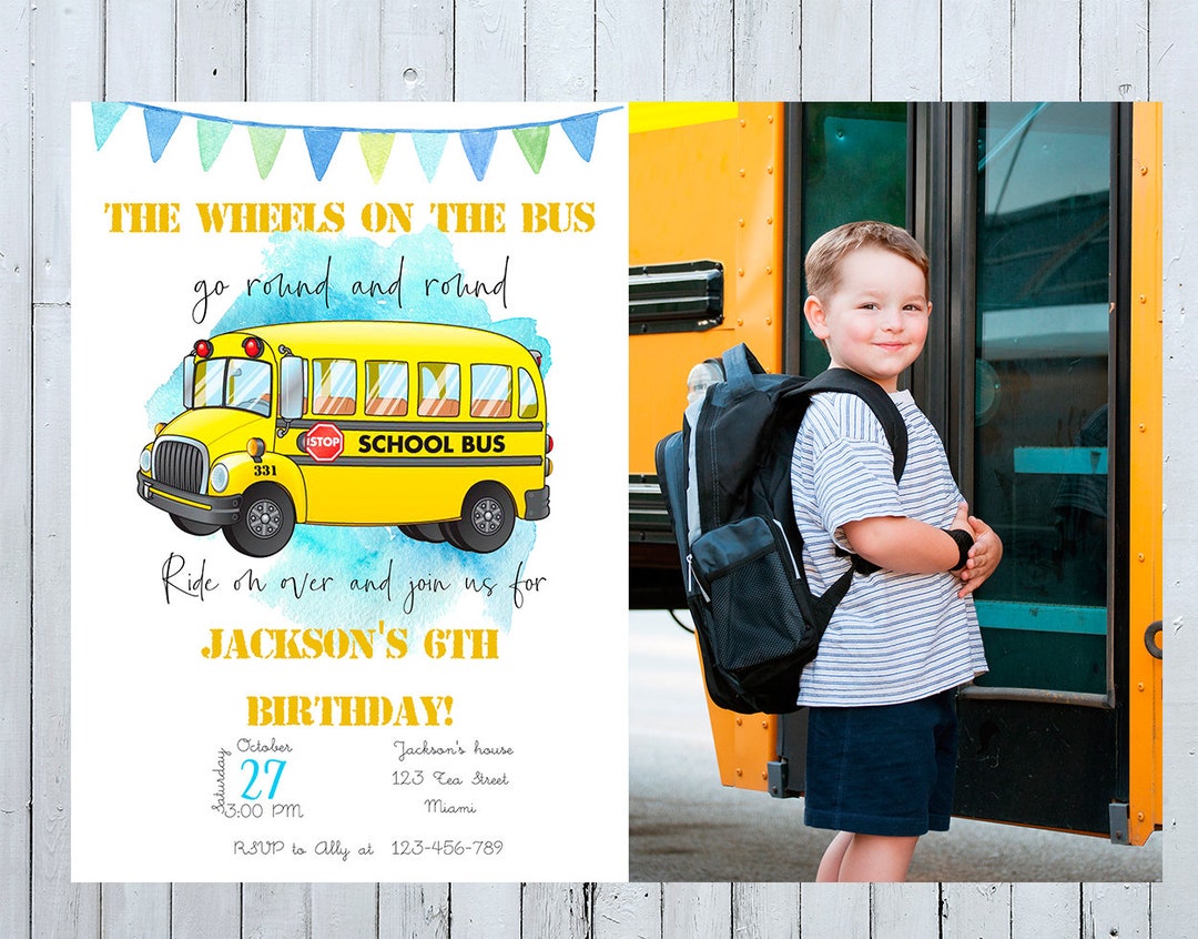 Bus Birthday Invitation With Photo, Bus Invitation With Picture, Bus ...