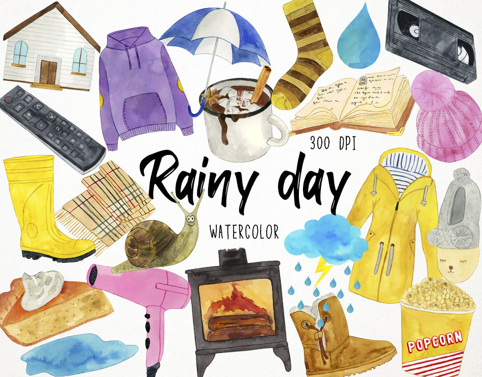 Watercolor Rainy Day Clipart, Raining Clipart, Rain Clipart, Cozy ...