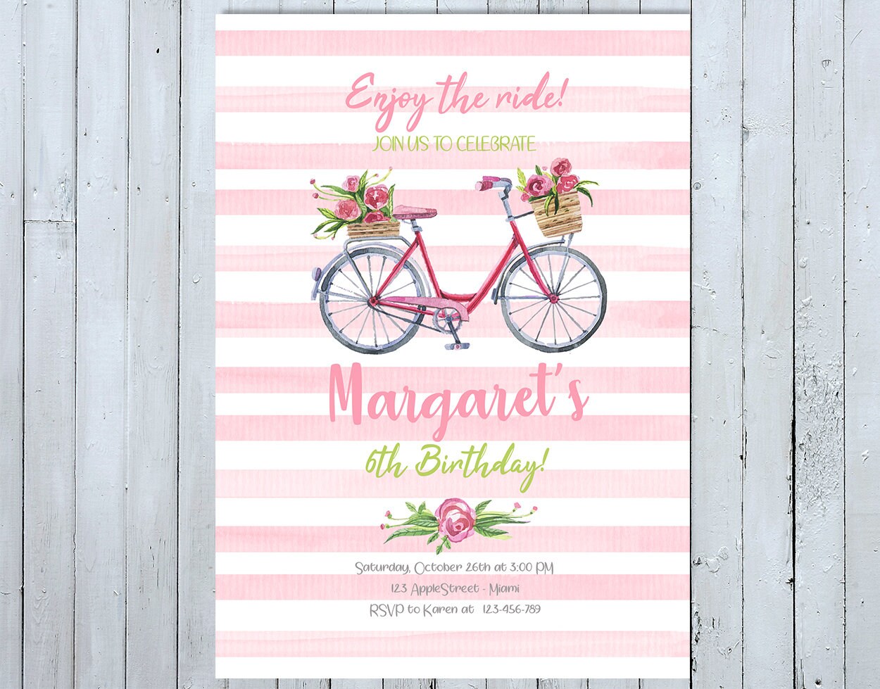 Bicycle Birthday Invitation, Bike Invitation, Enjoy the Ride Invitation ...