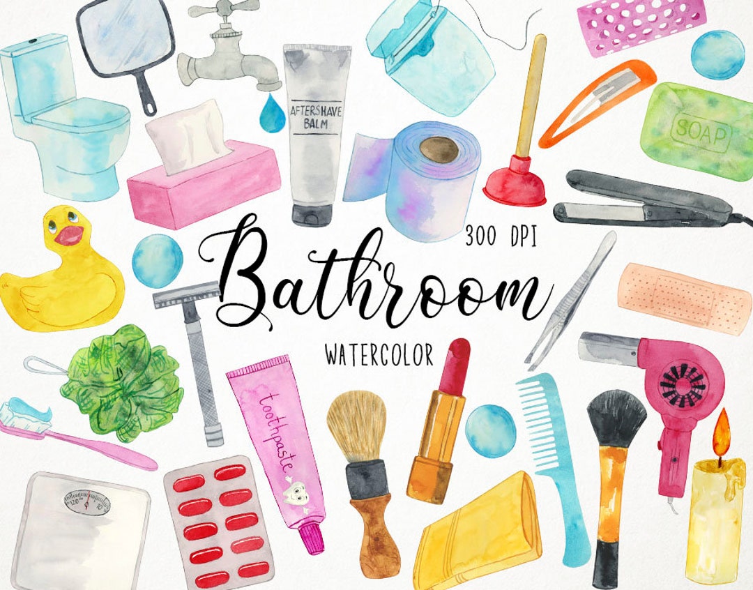 Watercolor Bathroom Clipart, Bathroom Supplies Clipart, Hygiene Clipart ...