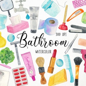Watercolor Bathroom Clipart, Bathroom Supplies Clipart, Hygiene Clipart ...