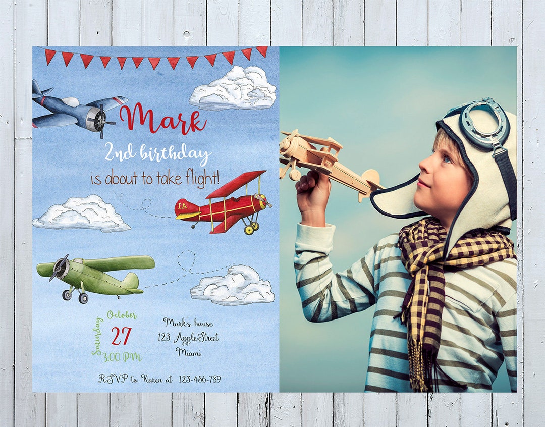 Helicopter Birthday Invitation With Photo, Aeroplane Invitation, Sky ...