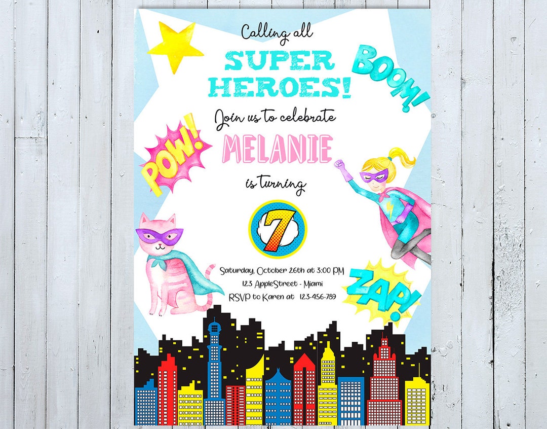 Superhero Girl Birthday Invitation, Superhero Girl Invite, Superhero ...