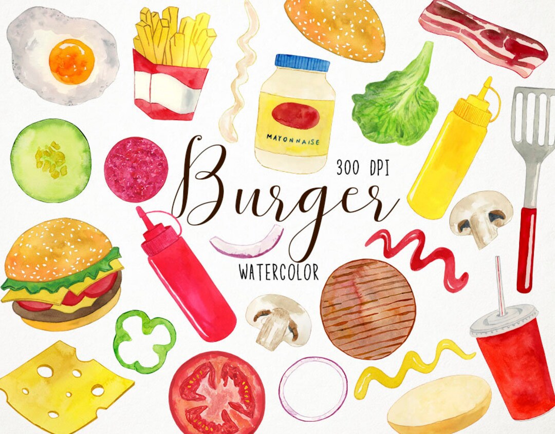 Watercolor Burger Clipart, Burger Ingredients Clipart, Fast Food ...