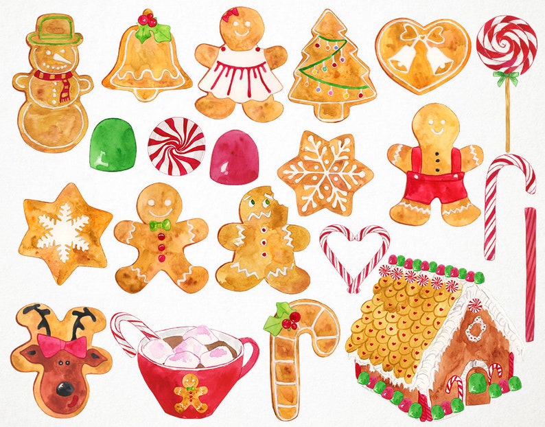 Gingerbread Clipart, Watercolor Christmas Clipart, Christmas Watercolor ...