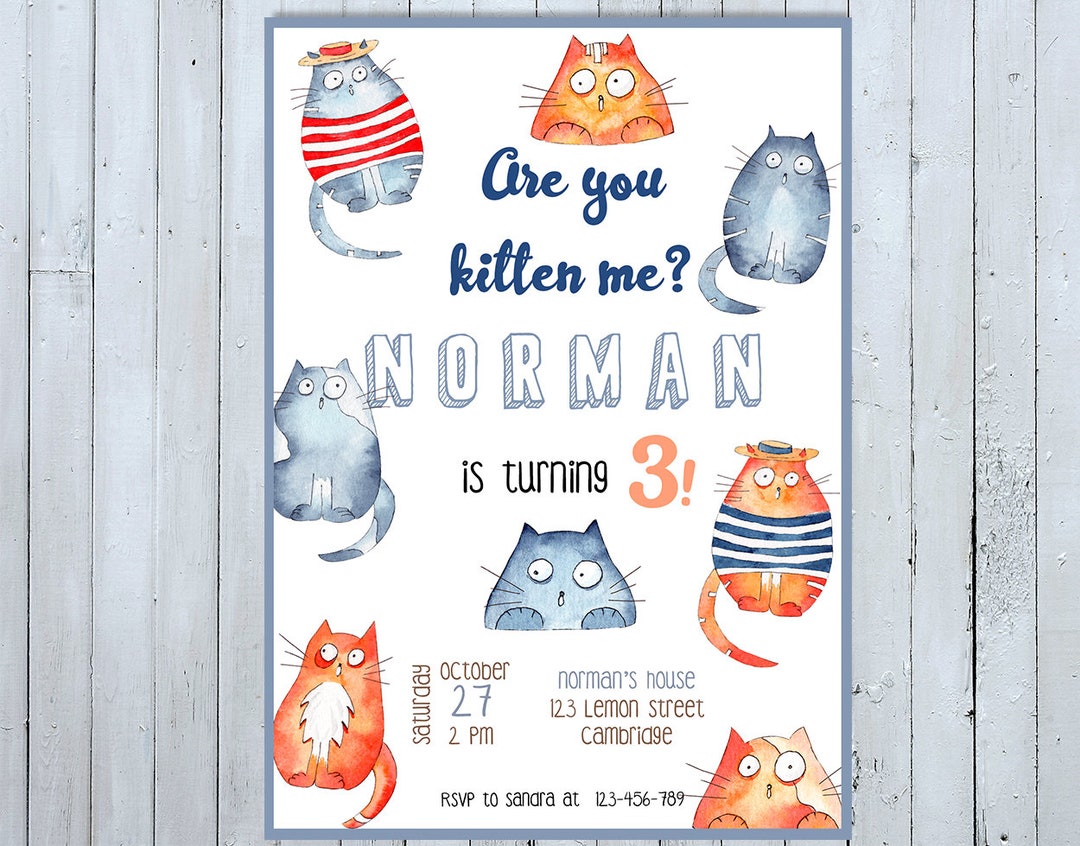 Cat Invitation, Cat Invite, Cat Birthday Invitation, Are You Kitten Me ...