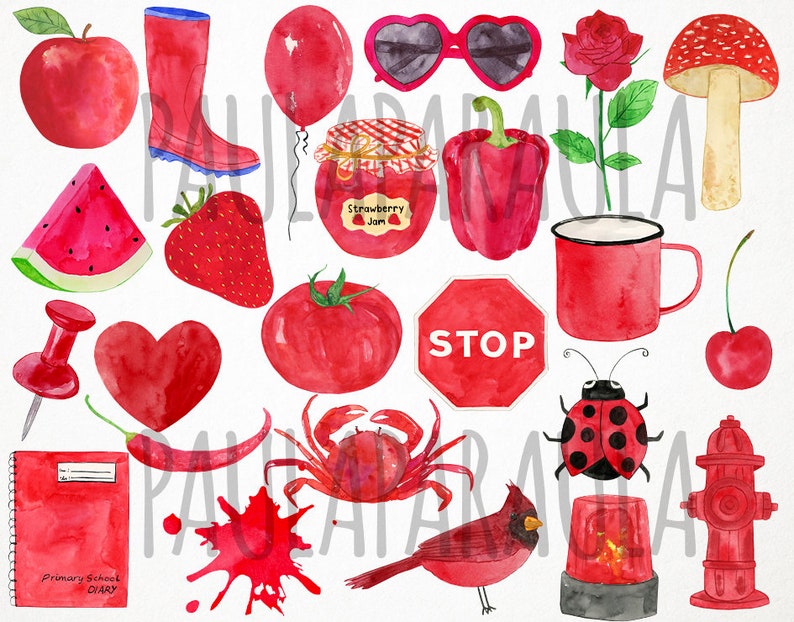 Watercolor Red Clipart Red Color Clipart Red Objects - Etsy