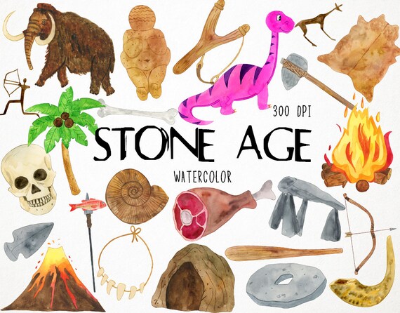 Watercolor Stone Age Clipart Prehistoric Clipart Caverman - Etsy
