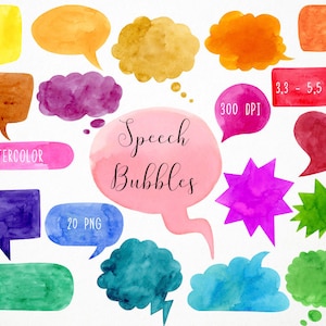 Watercolor Speech Bubbles Clipart, Digital Texts Clouds Clipart, Chat ...