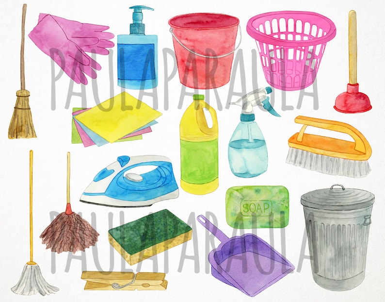 Watercolor Cleaning Clipart, Home Chores Clipart, House Chores Clipart ...