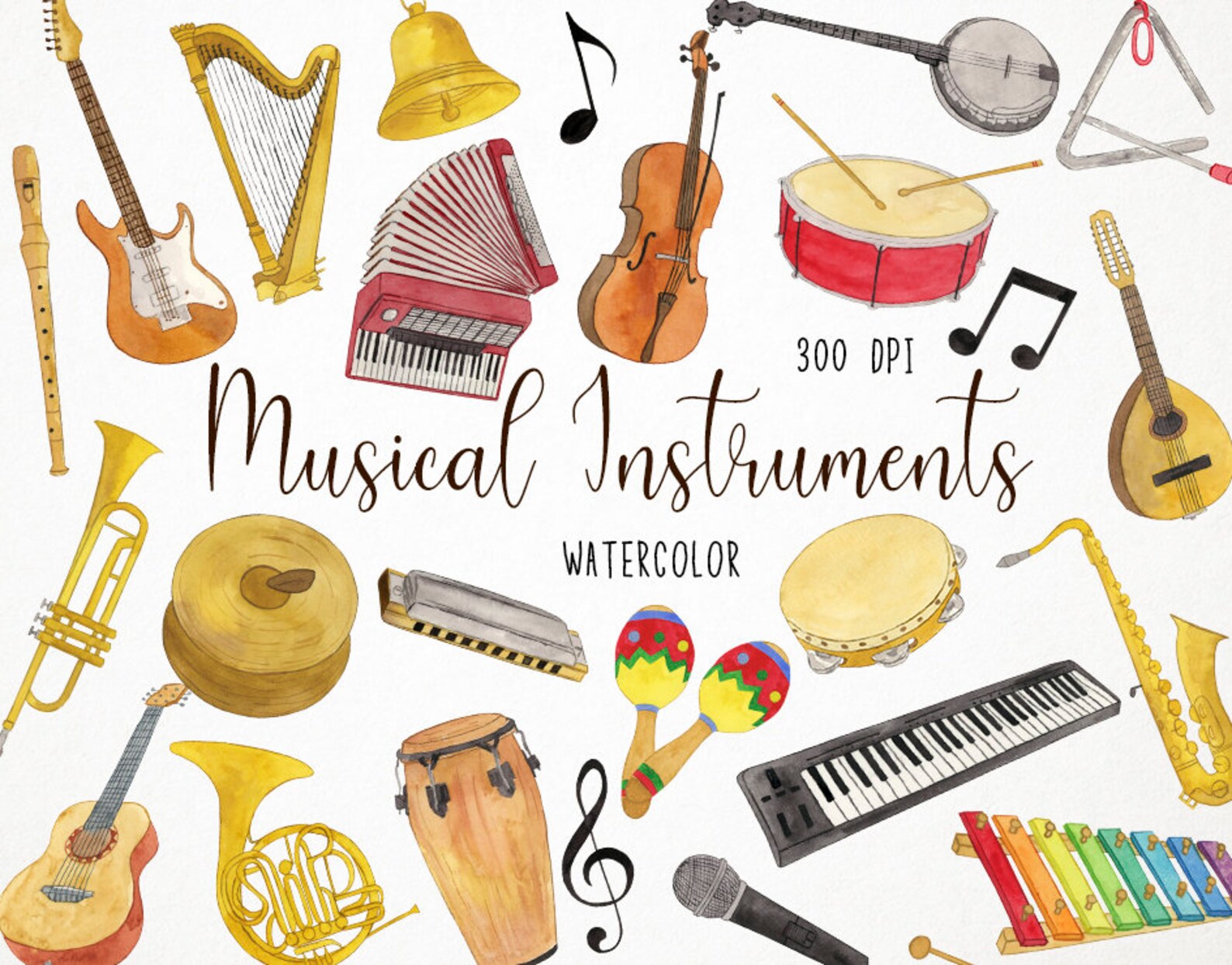 Watercolor Musical Instruments Clipart Music Clipart - Etsy