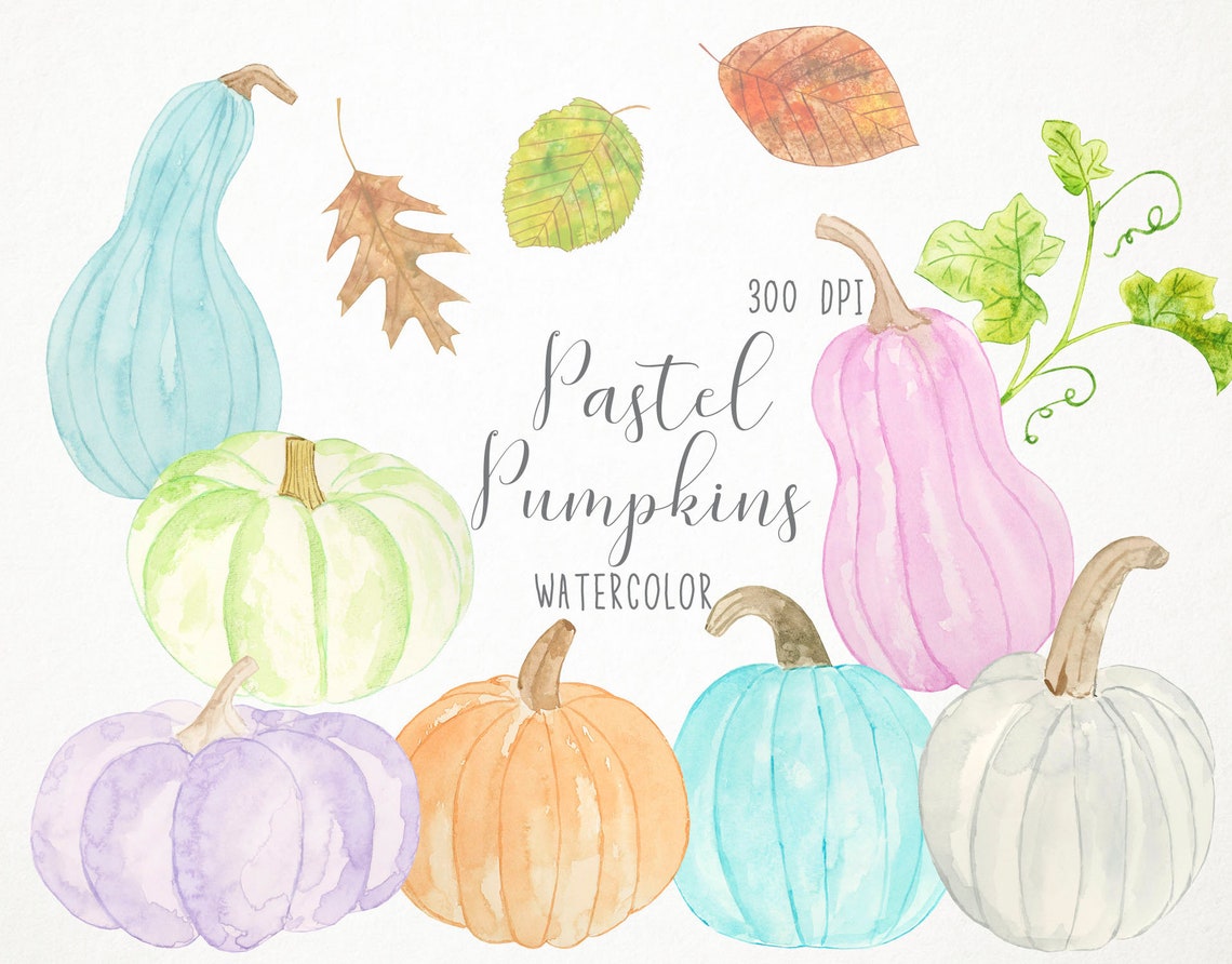 Watercolor Pastel Pumpkins Clipart, Pumpkin and Leaves, Pumpkins Clip ...