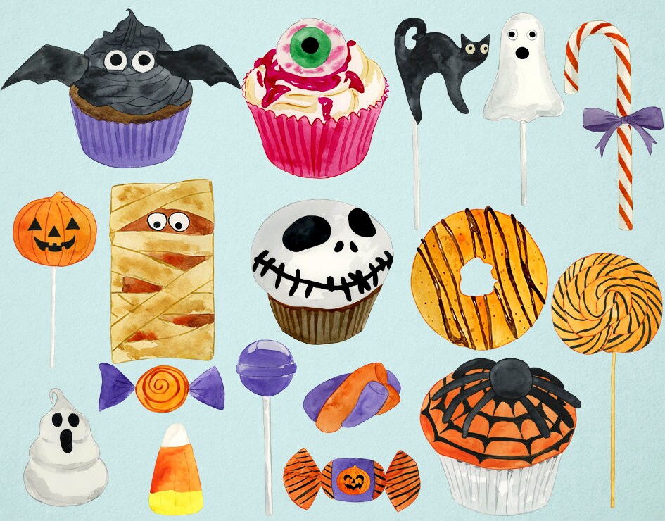 Halloween Clipart Halloween Sweets Clipart Watercolor - Etsy