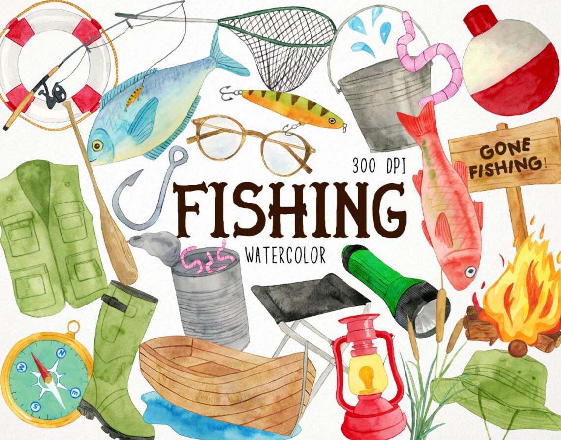 Watercolor Fishing Clipart Fishing Graphics Fishing - Etsy
