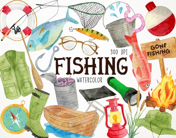 Watercolor Fishing Clipart Fishing Graphics Fishing - Etsy