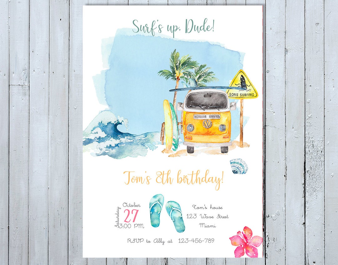Surf Invitation, Surfboard Invitation, Wave Invitation, Surf's up Dude ...