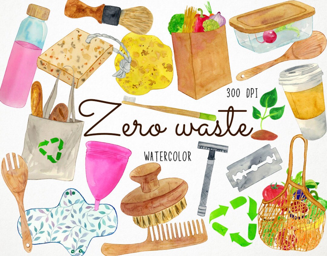 Watercolor Zero Waste Clipart, Eco Friendly Clipart, Sustainable ...