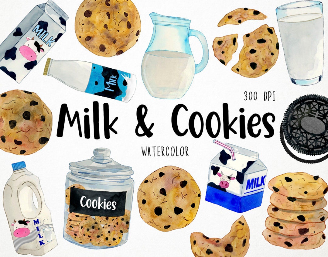 Watercolor Milk and Cookies Clipart, Milk Clipart, Cookies Clipart ...