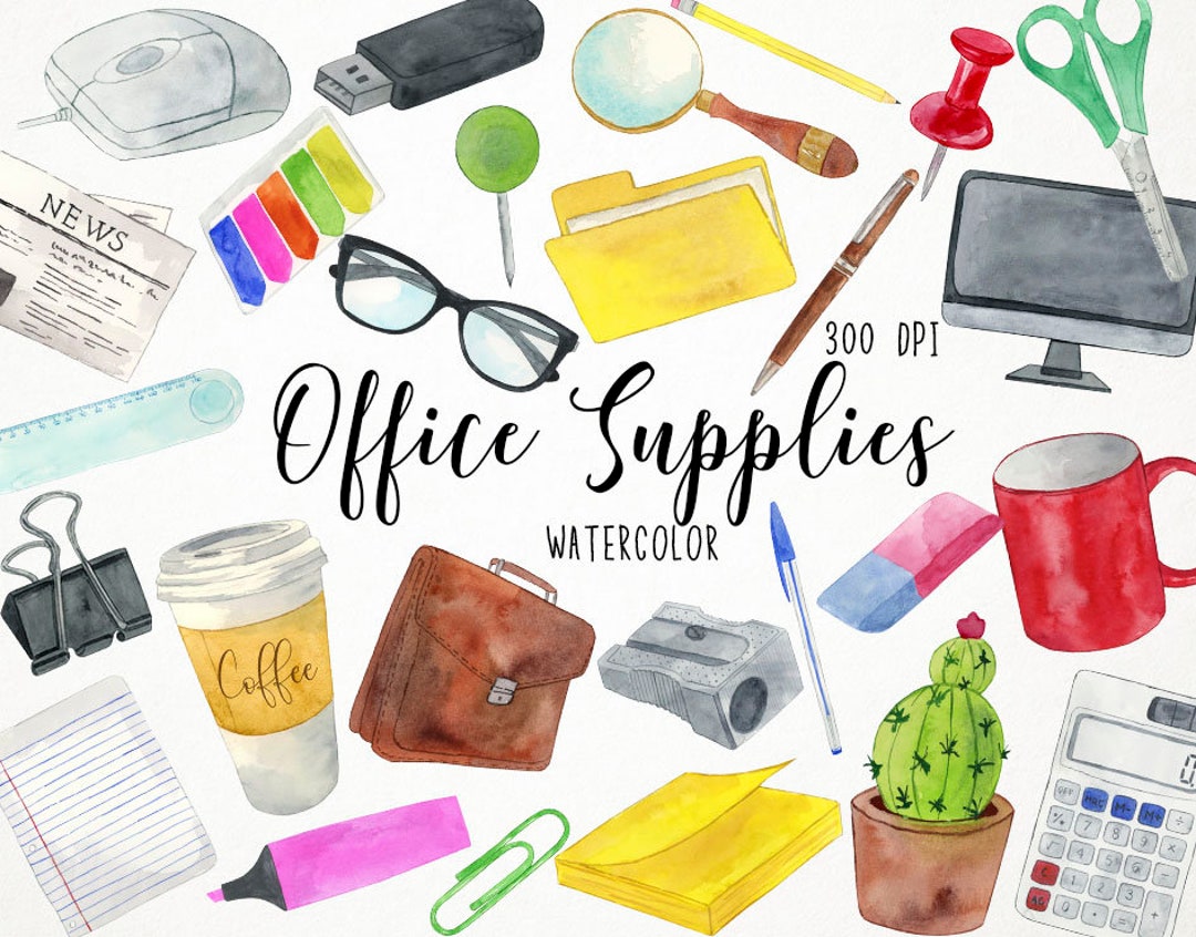 Watercolor Office Supplies Clipart, Work Clipart, Secretary Clipart ...