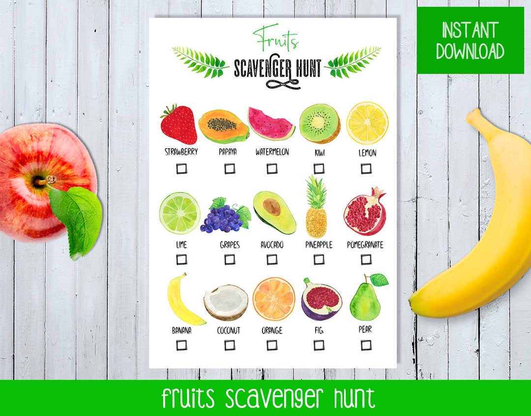 Printable Fruits Scavenger Hunt for Kids, Fruits Scavenger Hunt for ...