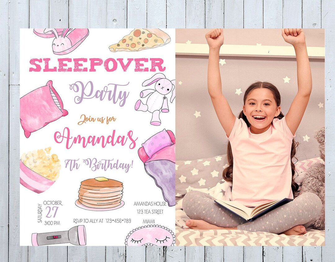 Girls Sleepover Invitation With Photo, Girls Slumber Party Invitation ...