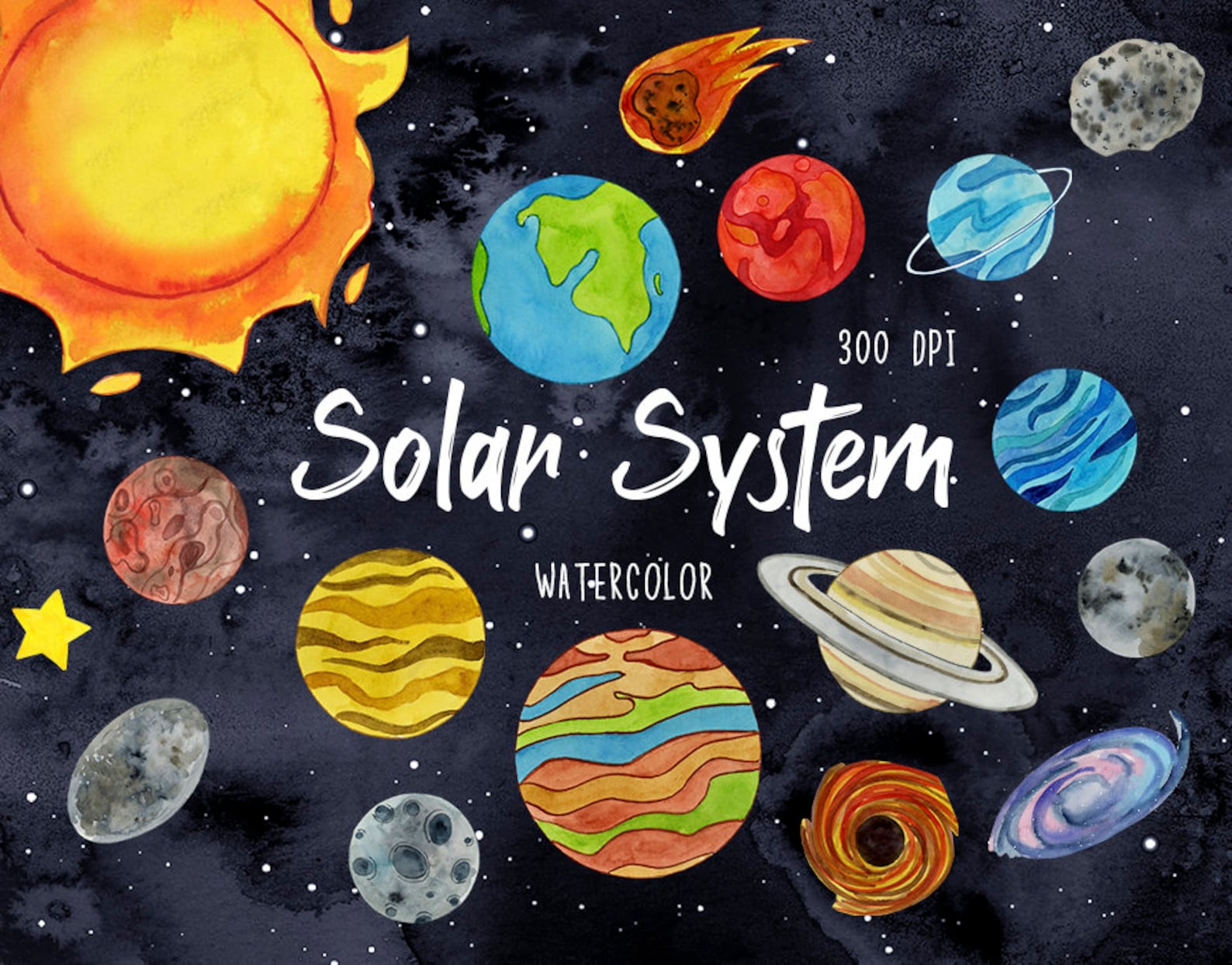 Watercolor Solar System Clipart, Planets Clipart, Astronomy Clipart ...