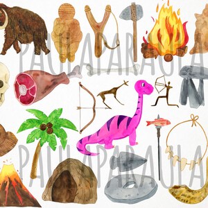 Watercolor Stone Age Clipart, Prehistoric Clipart, Caverman Clipart ...