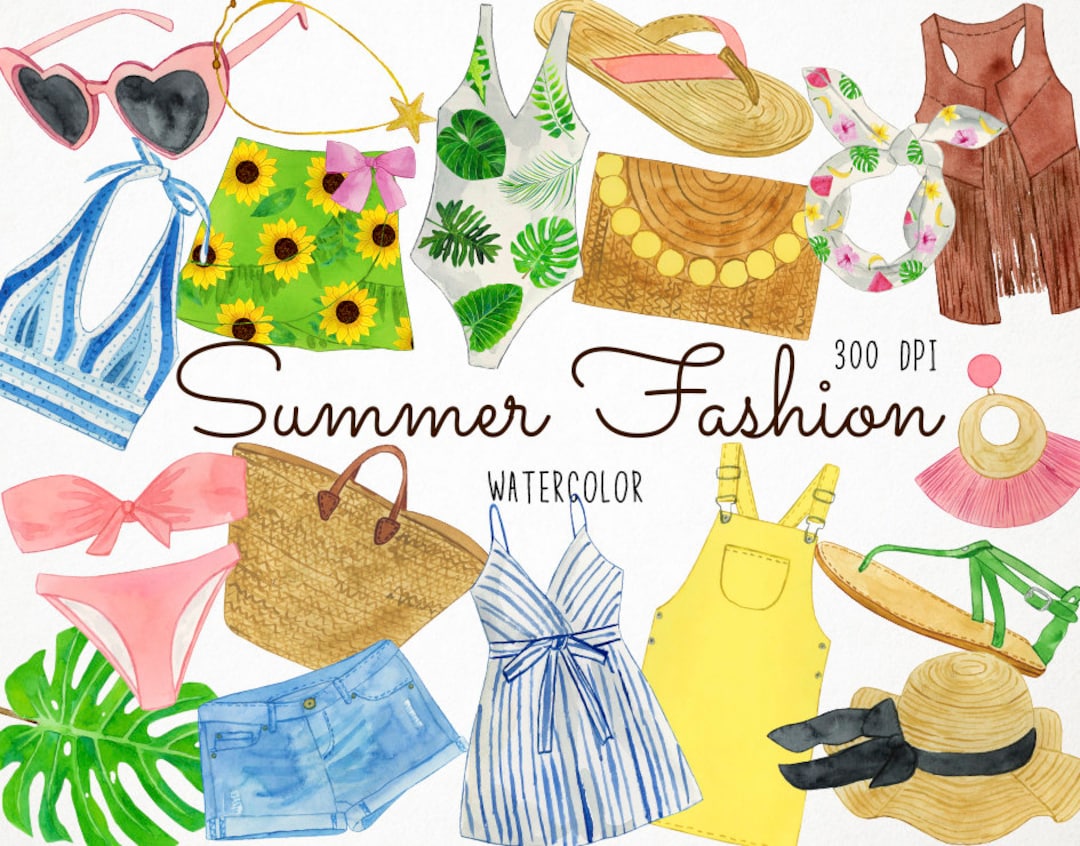 Watercolor Summer Fashion Clipart, Summer Clothes Clipart, Summer ...