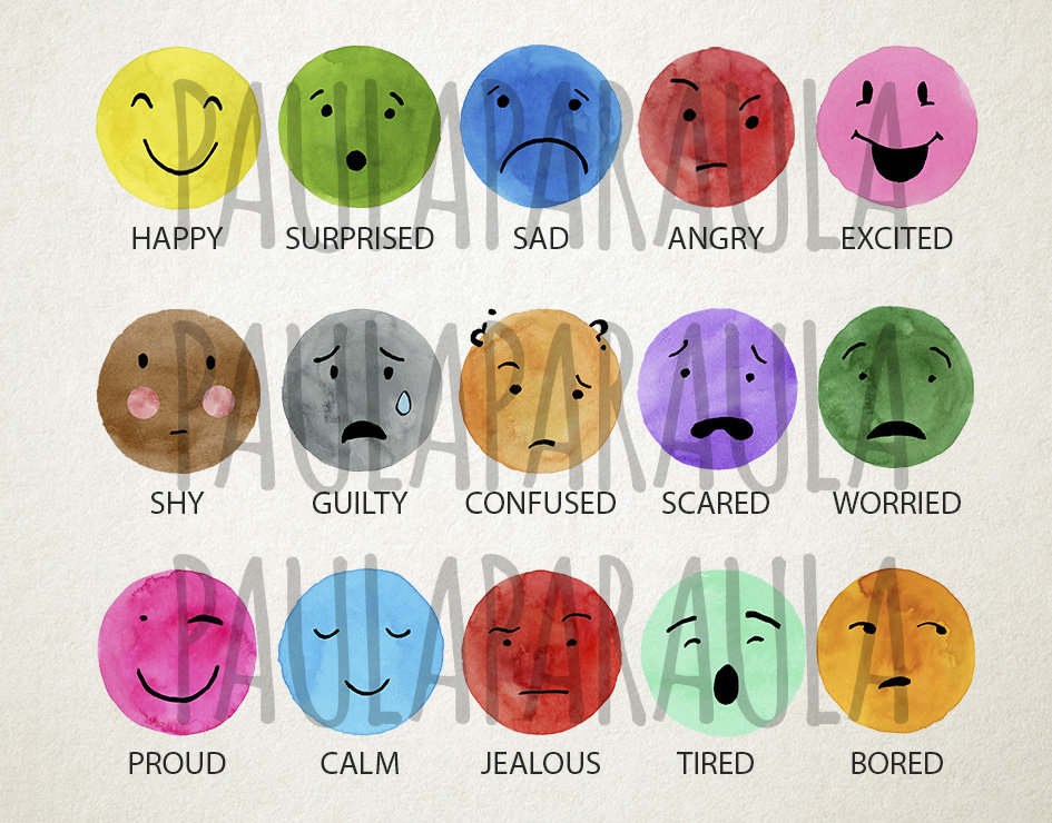 Watercolor Emotions Clipart, Faces Clipart, Emojis Clipart, Feelings ...