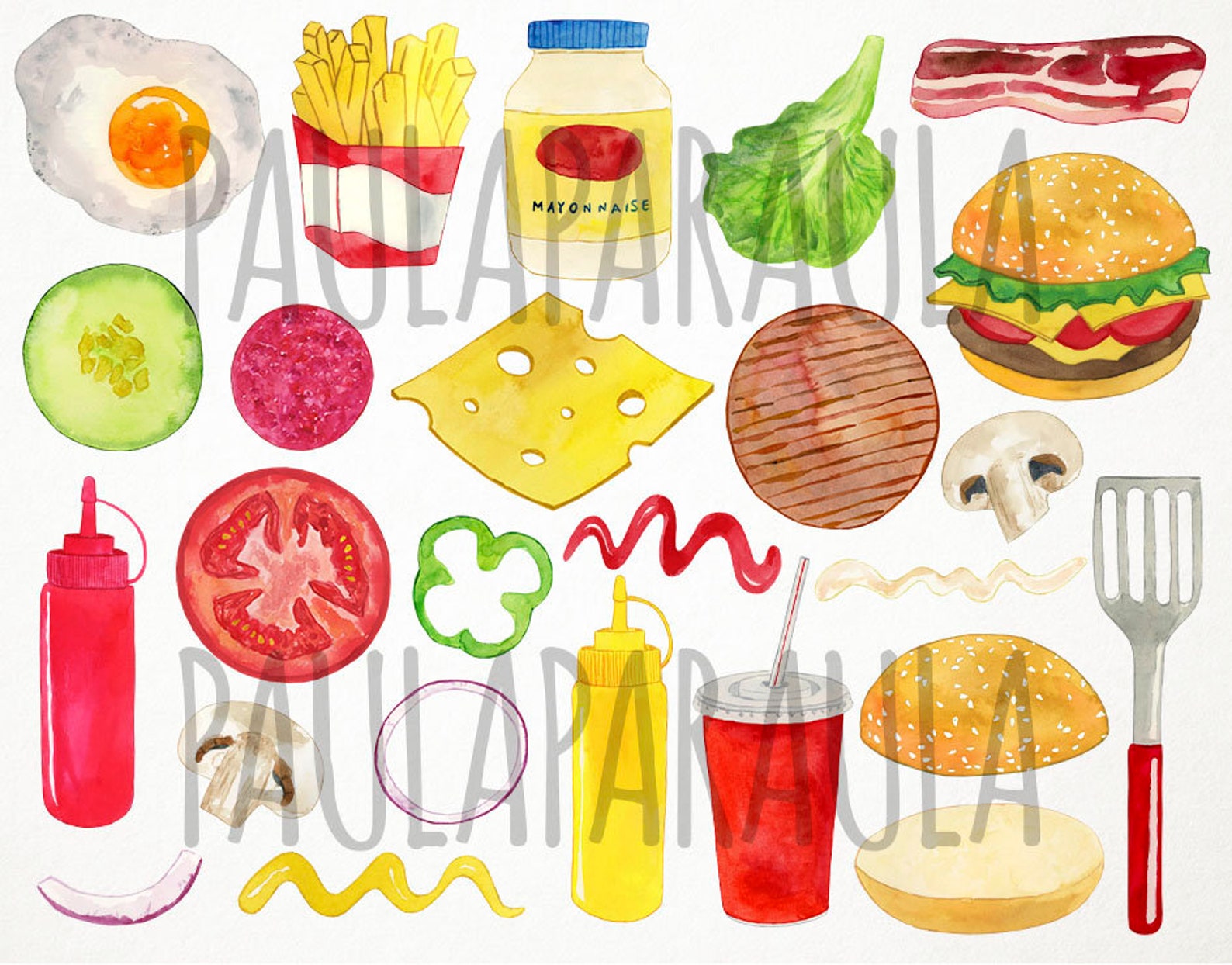 Watercolor Burger Clipart Burger Ingredients Clipart Fast - Etsy