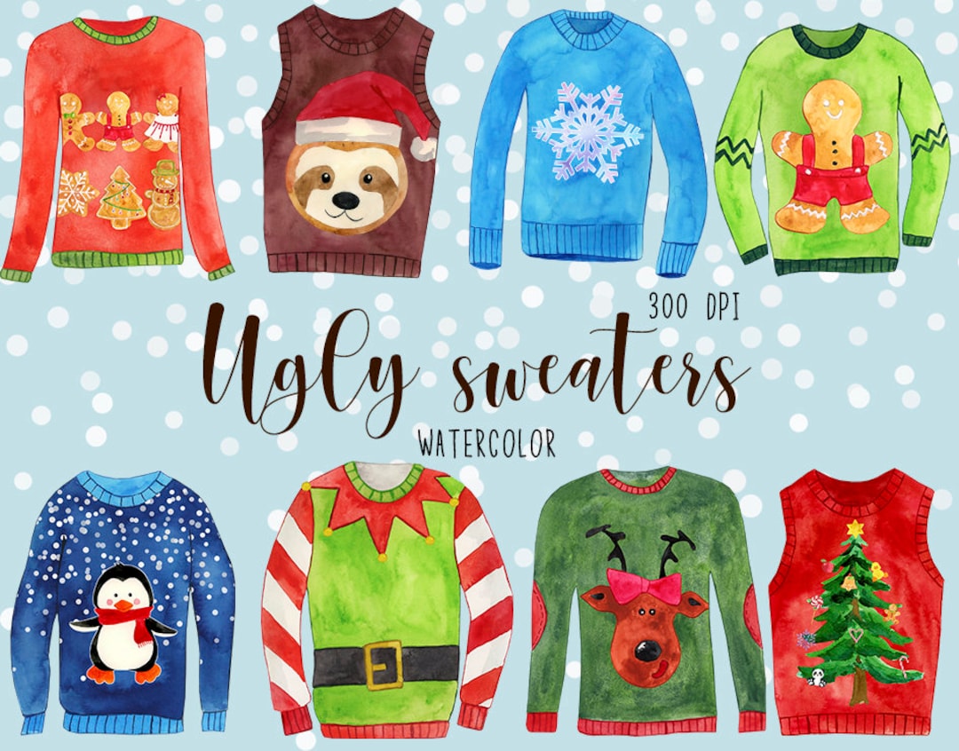 Watercolor Ugly Sweaters Clipart, Ugly Christmas Sweaters Clipart, Ugly ...