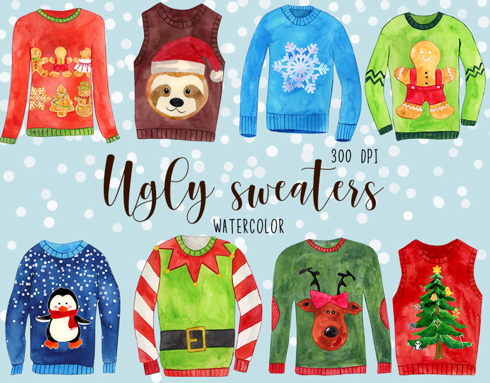 Watercolor Ugly Sweaters Clipart, Ugly Christmas Sweaters Clipart, Ugly ...