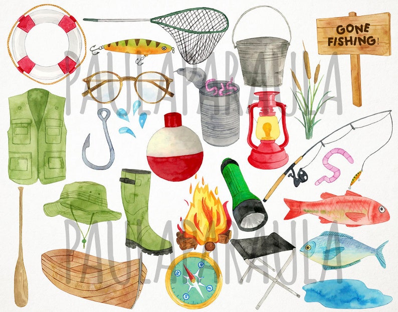 Watercolor Fishing Clipart Fishing Graphics Fishing - Etsy