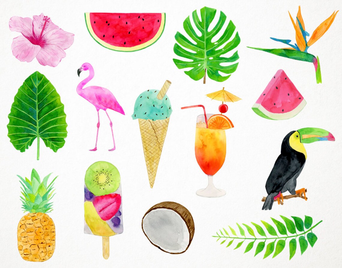 Flamingo Clipart Tropical Clipart Summer Clipart Watercolor | Etsy