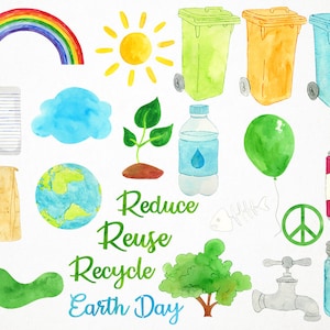 Earth Day Clipart, Recycle Clipart, Rainbow Clipart, Watercolor Earth ...