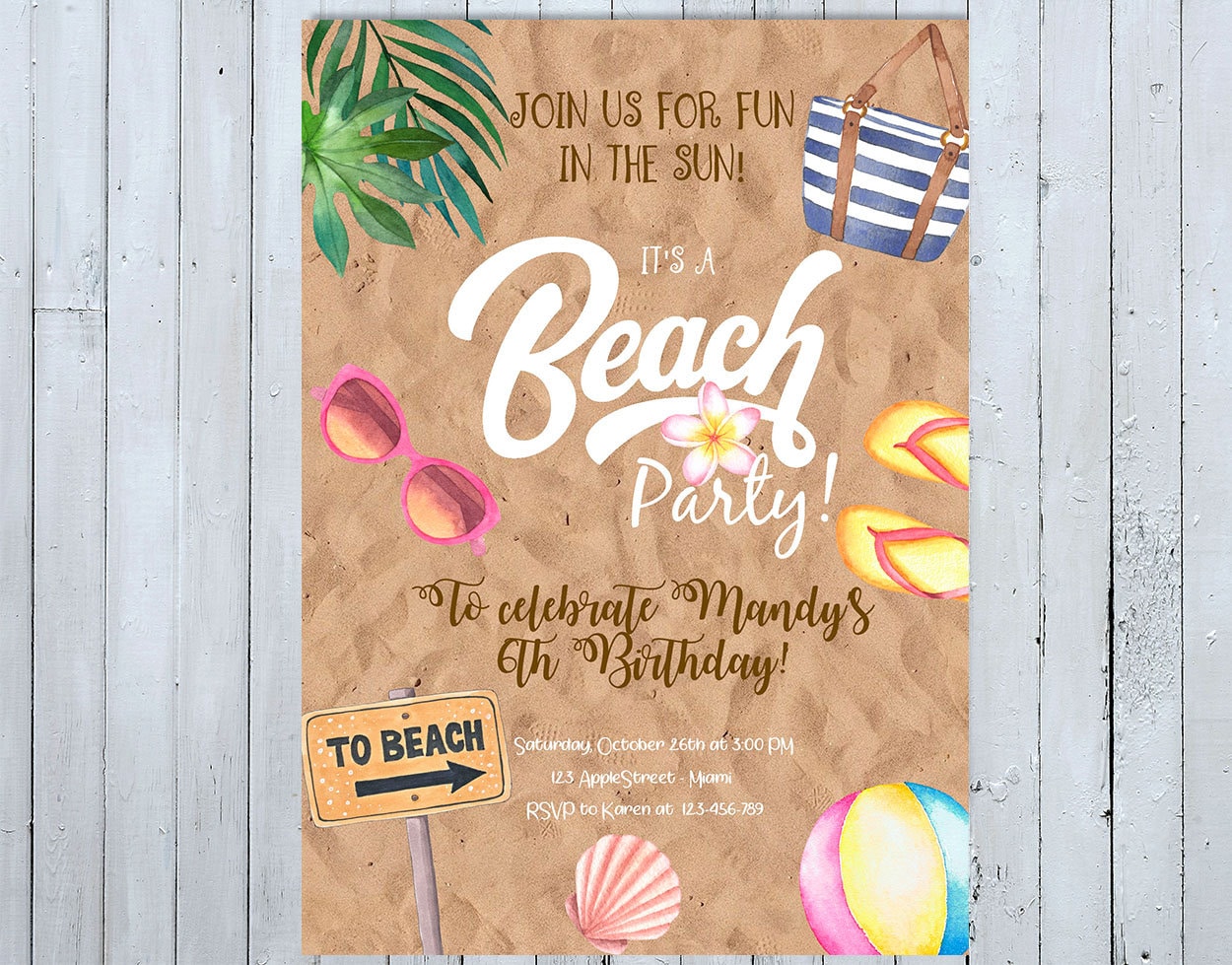Invitación de cumpleaños de la playa, invitación de arena, invitación ...