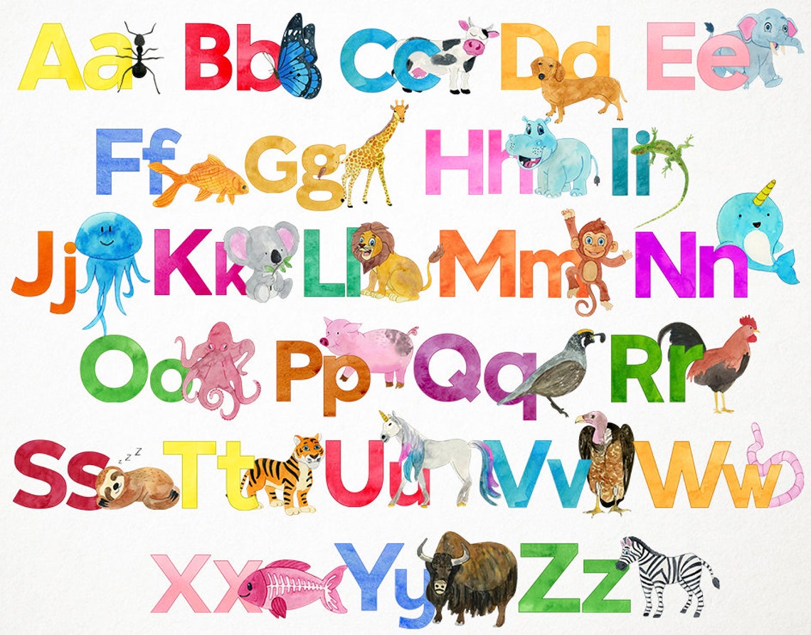 Watercolor Animal Alphabet Clipart Animals A-Z Clipart Zoo - Etsy