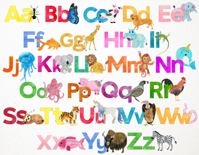 Watercolor Animal Alphabet Clipart Animals A-Z Clipart Zoo - Etsy