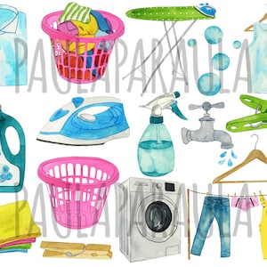 Watercolor Laundry Clipart, Cleaning Clipart, Housework Clipart, Chores ...