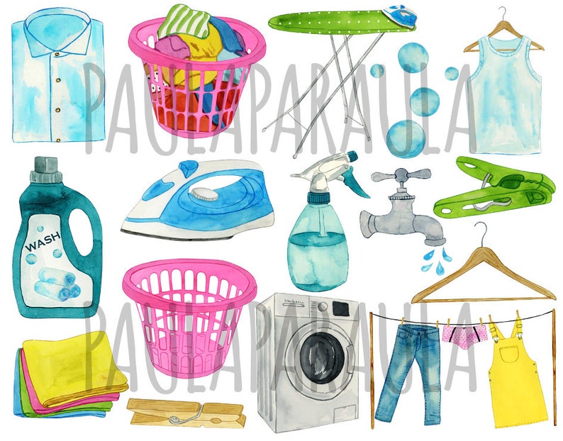 Watercolor Laundry Clipart Cleaning Clipart Housework - Etsy