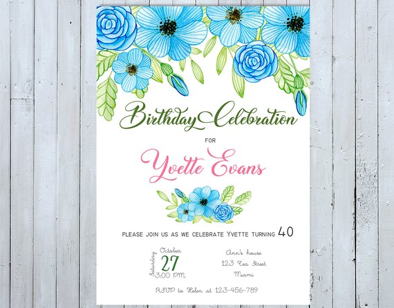 Blue Flowers Birthday Invitation Adult Birthday Invitation | Etsy
