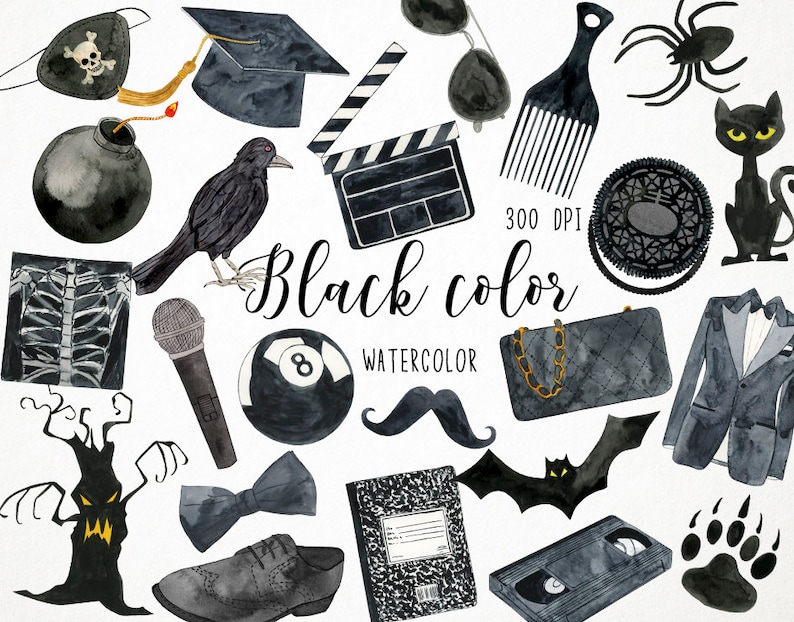 Watercolor Black Clipart Black Color Clipart Black Objects - Etsy