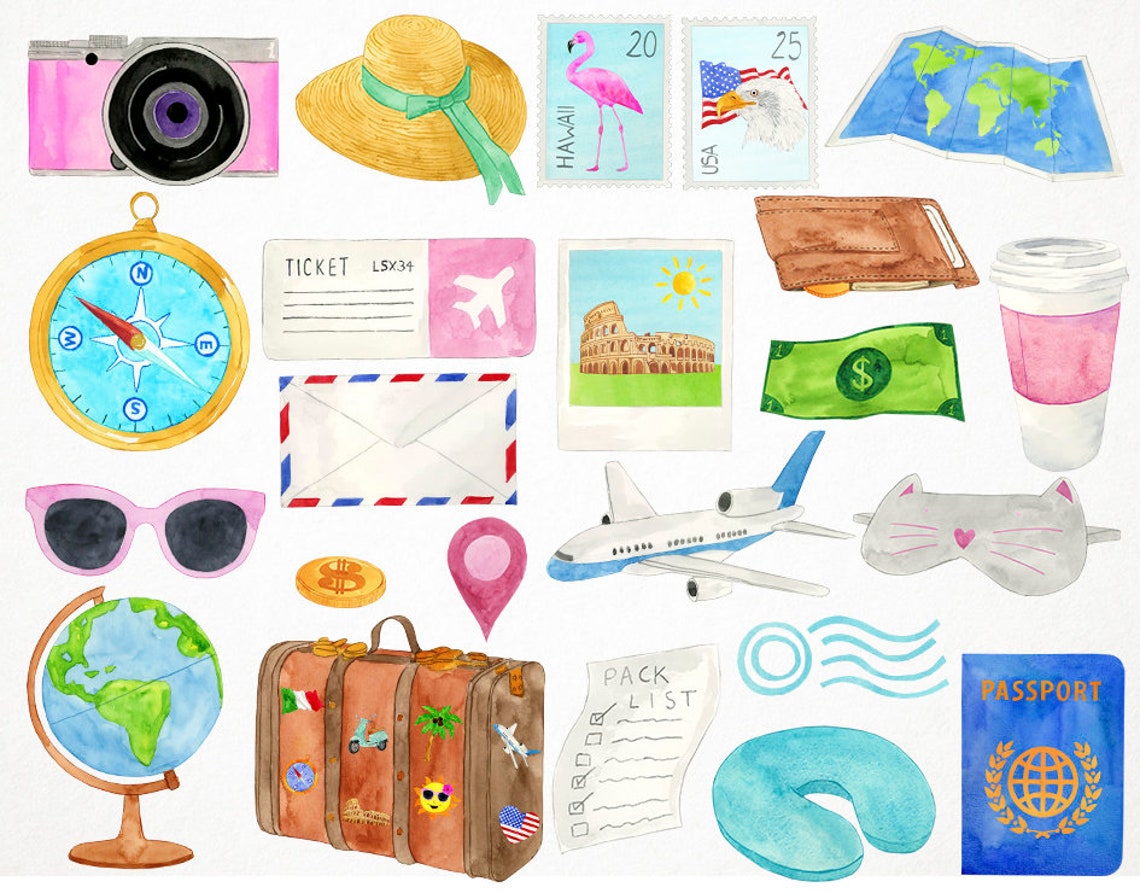 Travel Clipart Travel Clip Art Watercolor Clipart | Etsy