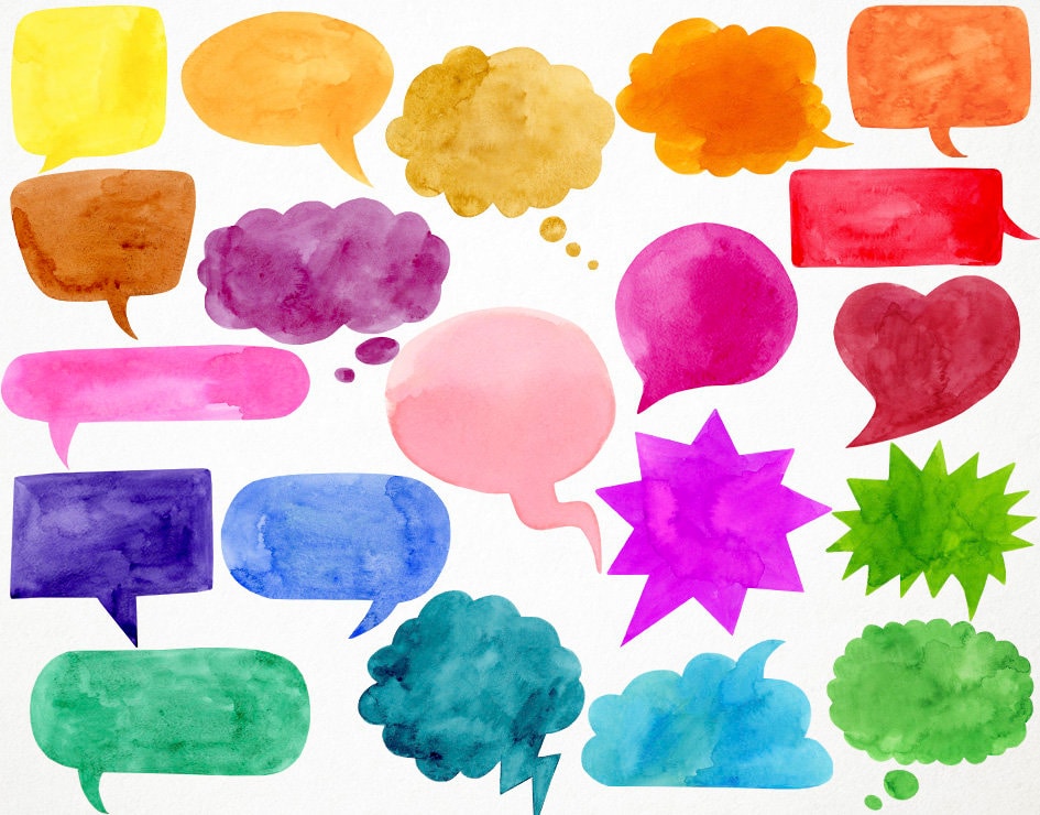 Watercolor Speech Bubbles Clipart, Digital Texts Clouds Clipart, Chat ...
